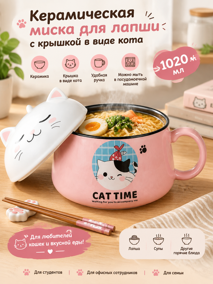 Керамическая миска для лапши с крышкой в виде кота, 1020 мл, розовая, с ручкой и милым принтом