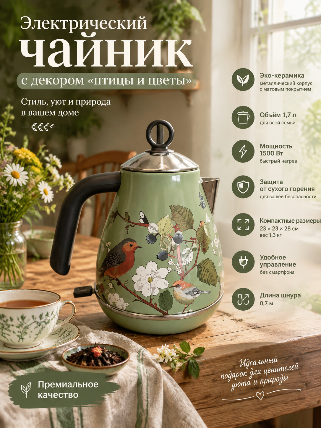 Электрический ретро-чайник с декором «птицы и цветы», 1.7 л, 1500 Вт, эко-керамика, зелёный