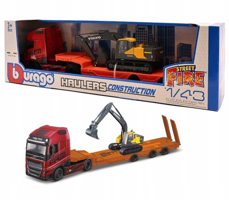 Игрушечная машинка Bburago street fire haulers construction Volvo fh16 globetrotter ec220e, желтый, 1:43