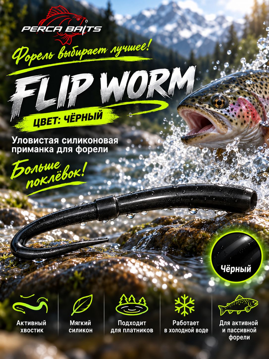 Силиконовая приманка Perca Baits Flip Worm 60 мм (2.3"), цвет Черный, аромат Сыр, 6 шт / Плавающий съедобный силикон на форель и окуня для микроджига
