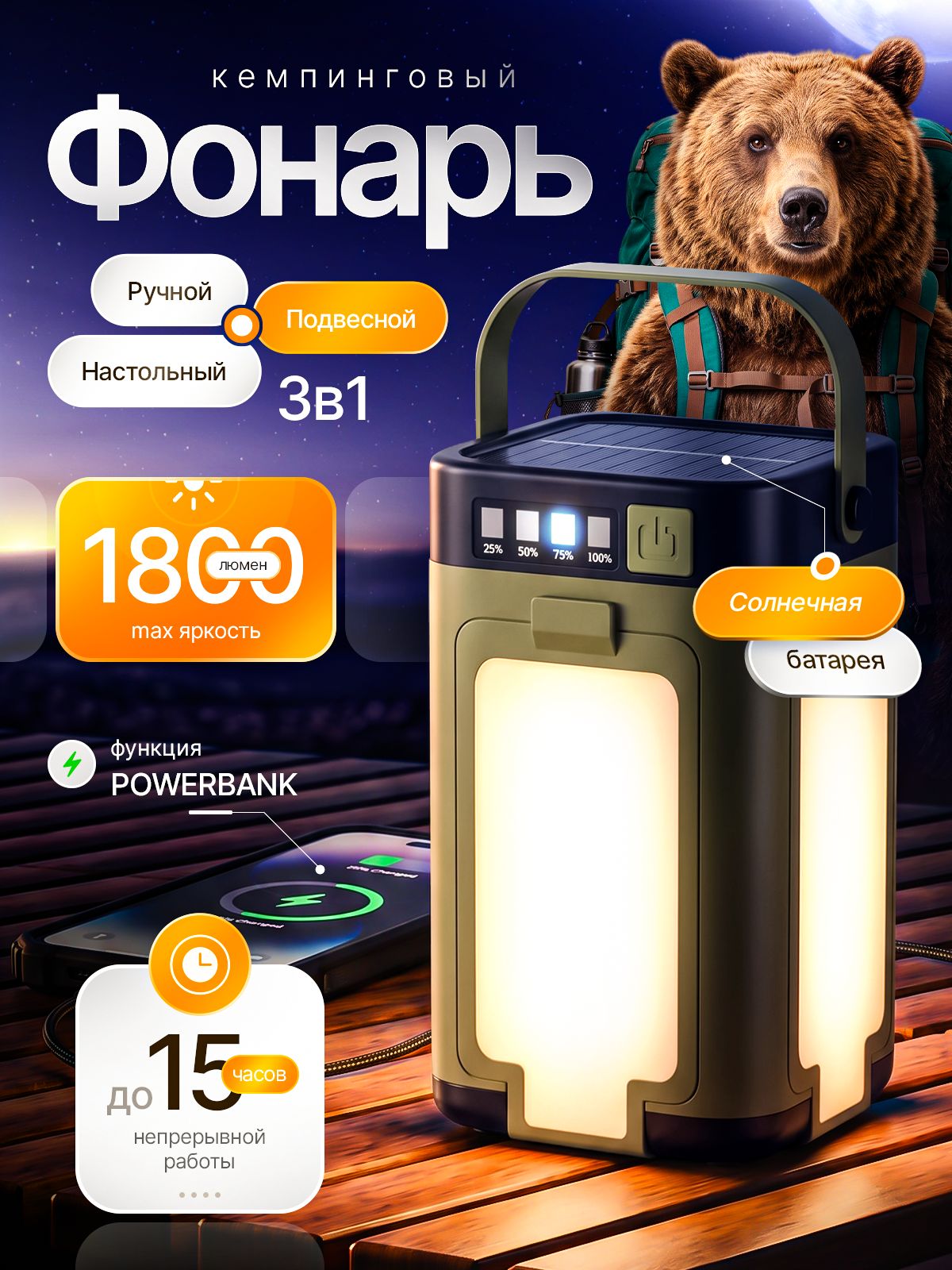 Фонарь кемпинговый аккумуляторный светодиодный зеленый, IPX4, регулировка яркости, работа до -10С, размеры 17x7x7 см