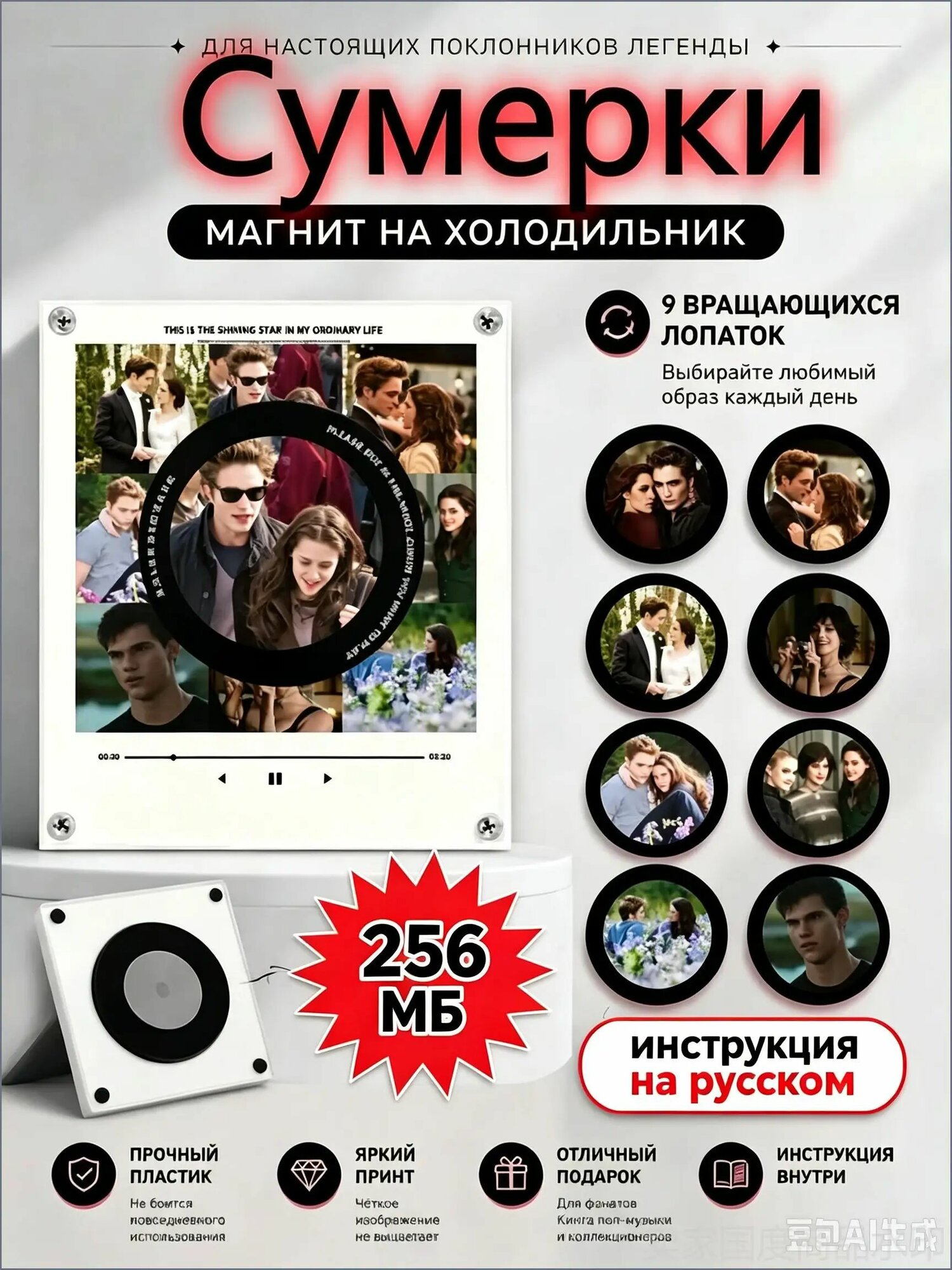 Музыкальный магнит на холодильник с дисками Сумерки/Мини проигрыватель на холодильник,256 МБ, инструкция на русском