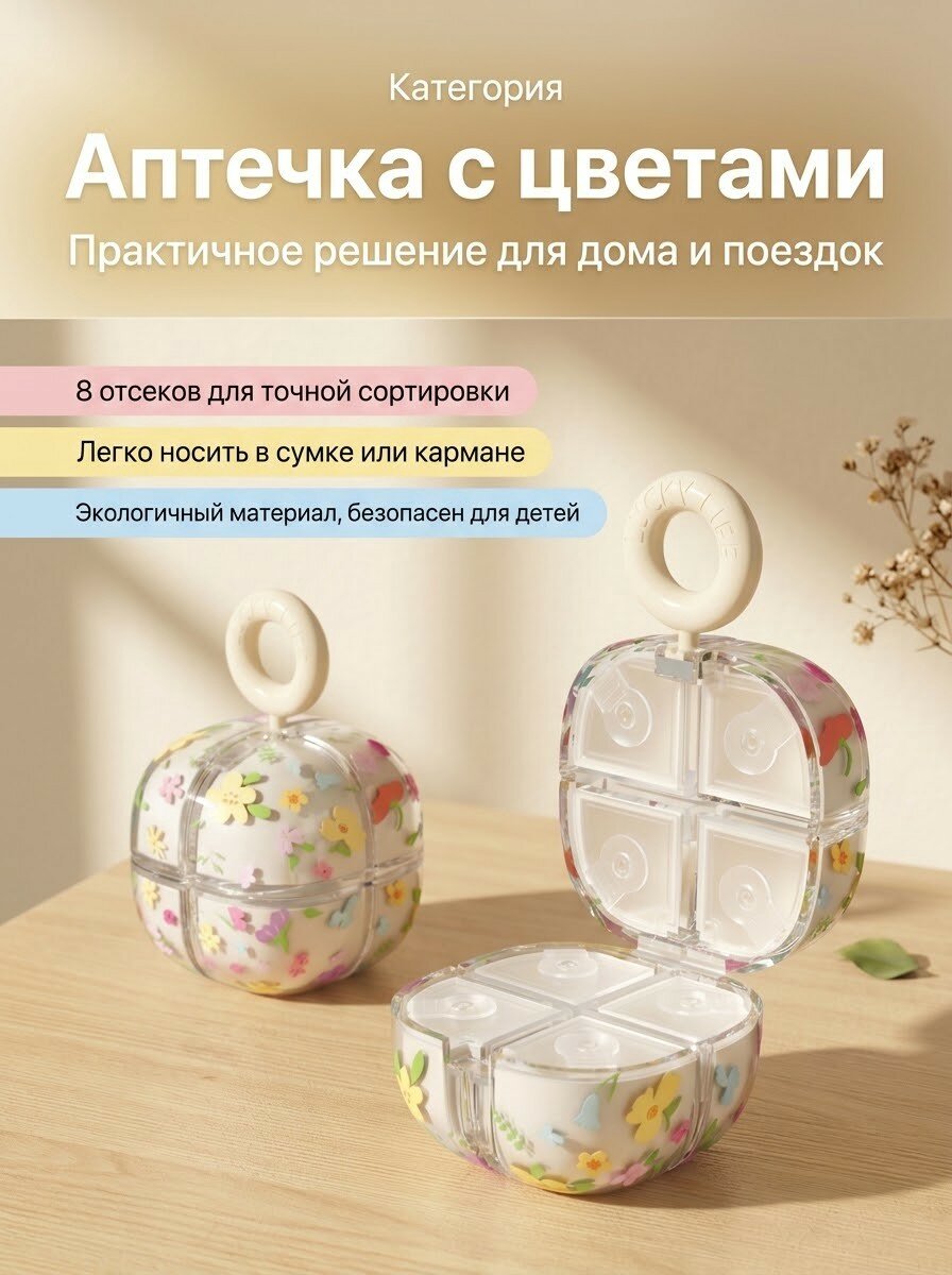 Миниатюрная аптечка с ручкой в виде цветочного куба, герметичная, защищающая от влаги Размеры: 6 × 6 × 9 см.