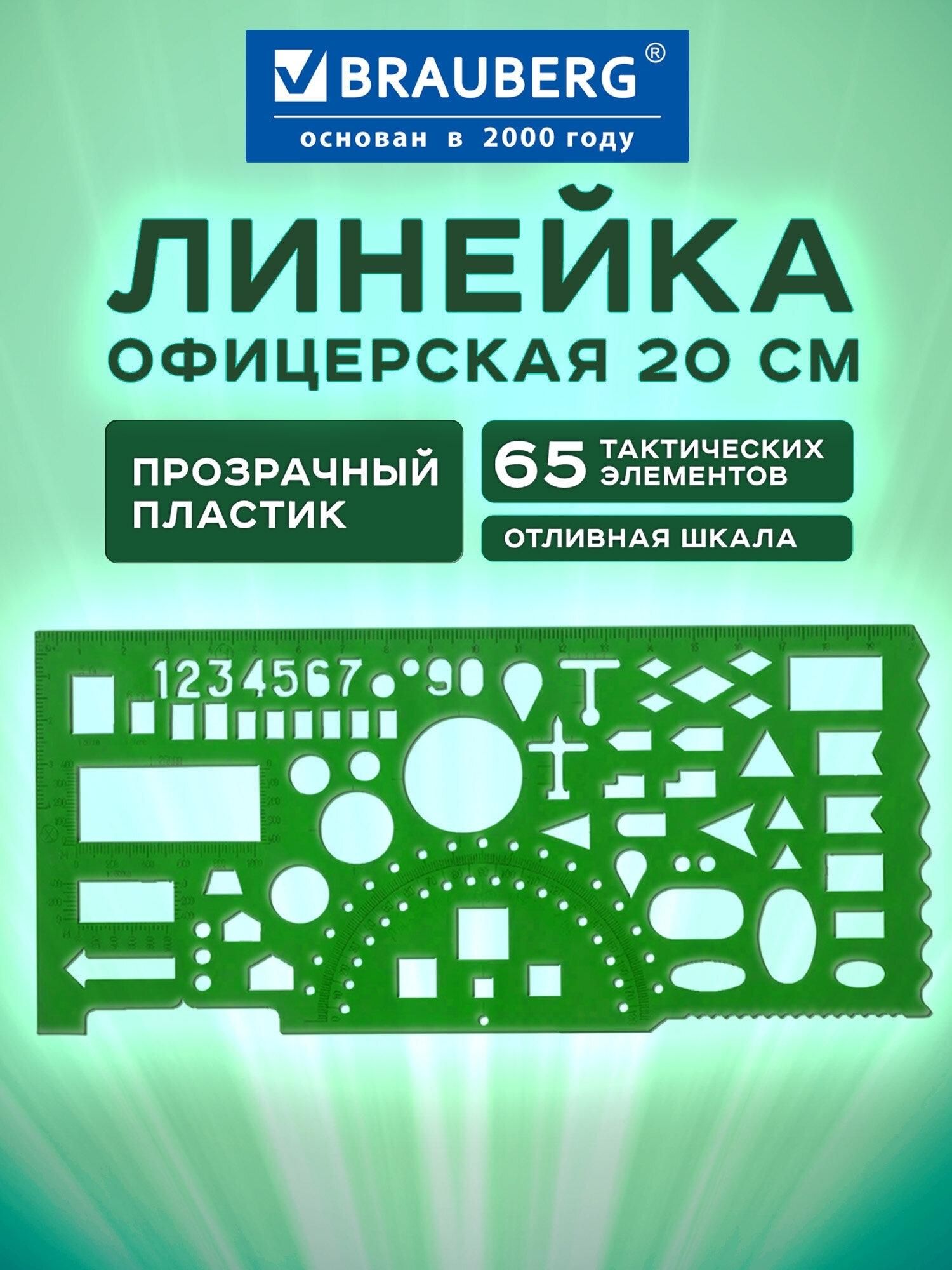 Линейка офицерская 20 см BRAUBERG, зеленая, 65 тактических элементов, отливная шкала, 881266