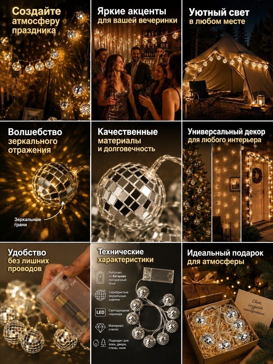 Светящиеся шары в виде мозаики для вечеринки, нежный свет без дискомфорта, размер 180x4 см, 10 элементов