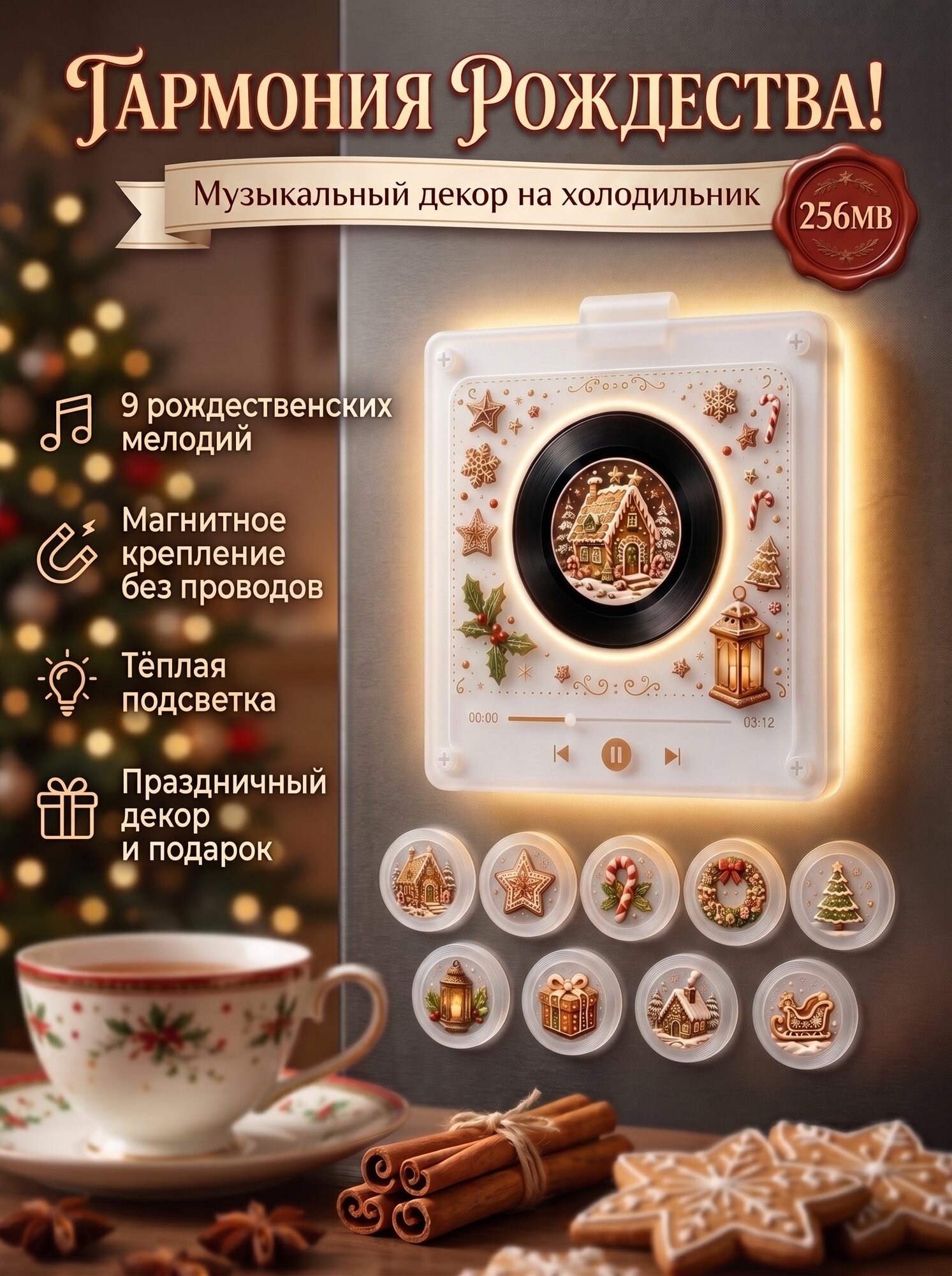 NFC-плеер для холодильника с 9 сменными CD-дисками / Новогодний подарок, можно добавлять песни коллекция Теплый пряничный дом