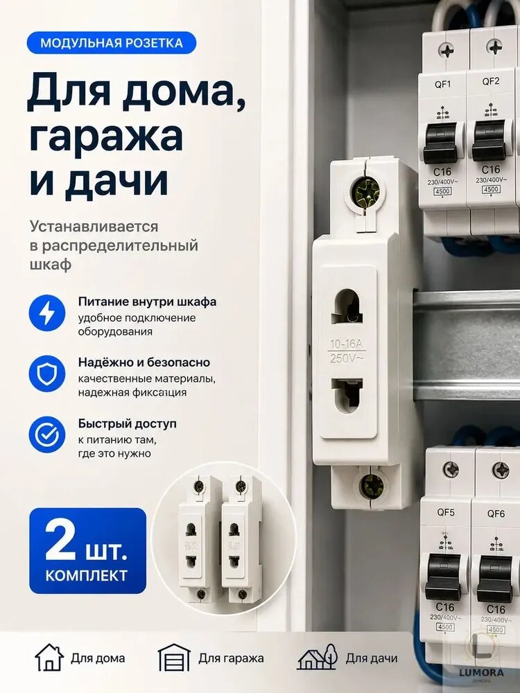 Розетка на ДИН-рейку (DIN) без заземления, РД-47, белая, 2шт.