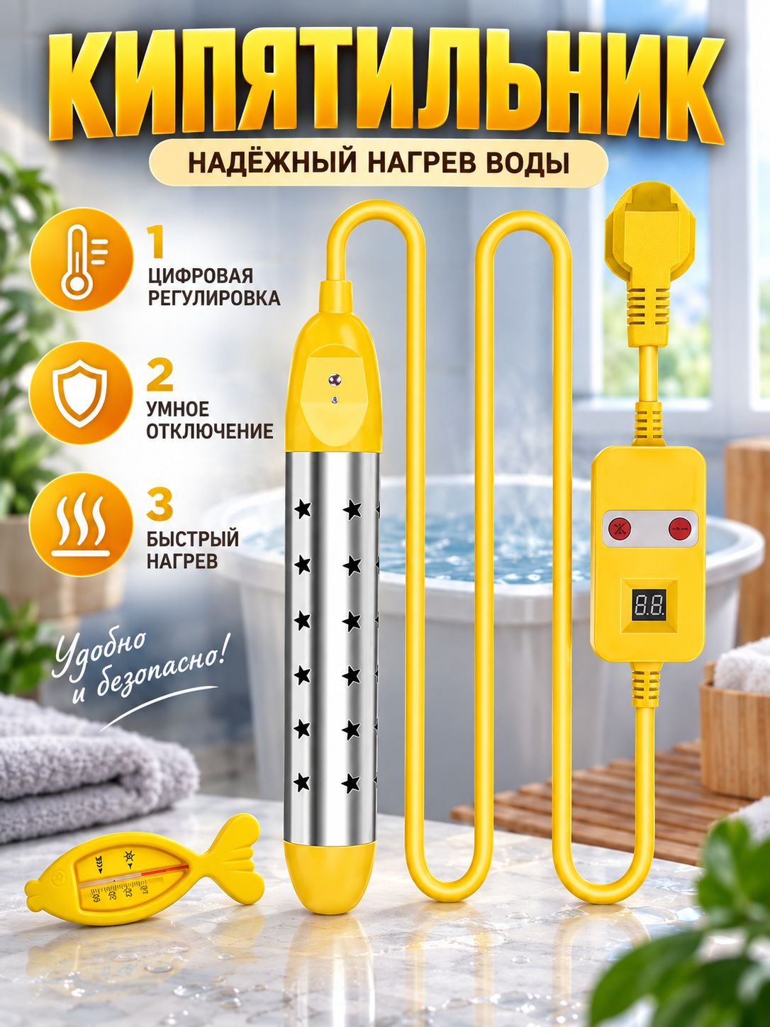 Кипятильник погружной с дисплеем, функция автоотключения, быстрый нагрев, безопасный нагрев воды дома и на даче