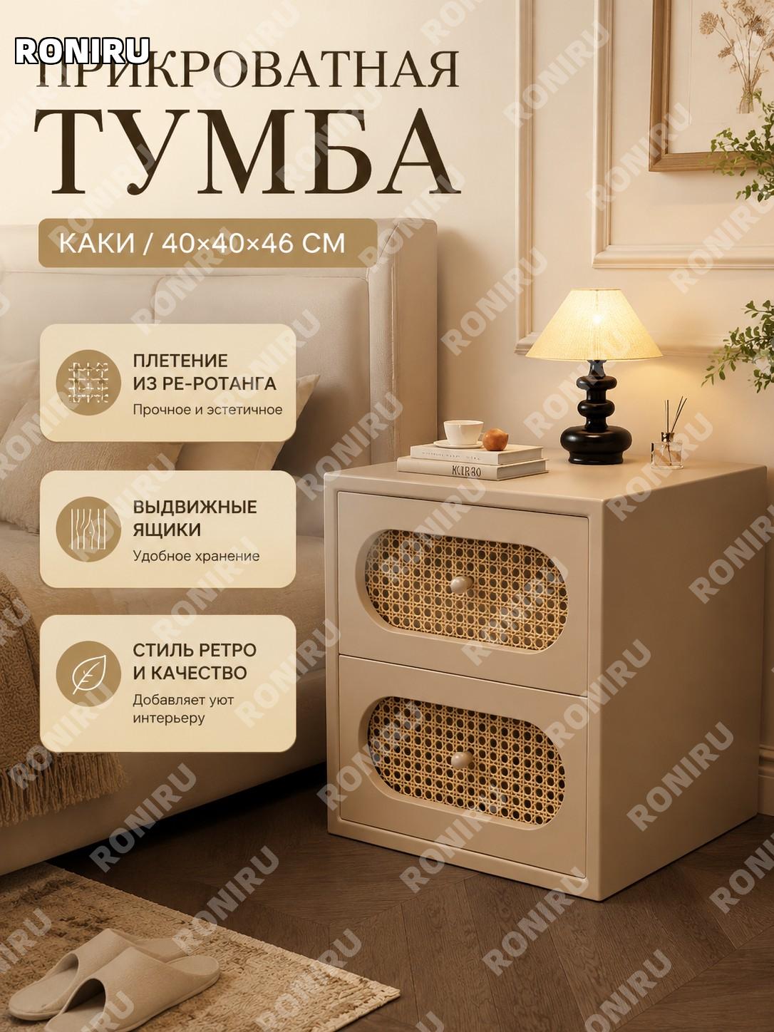 Тумба прикроватная с ящиком из массива дерева и PE плетением цвета хаки 40×40×46 см для спальни у кровати для дома