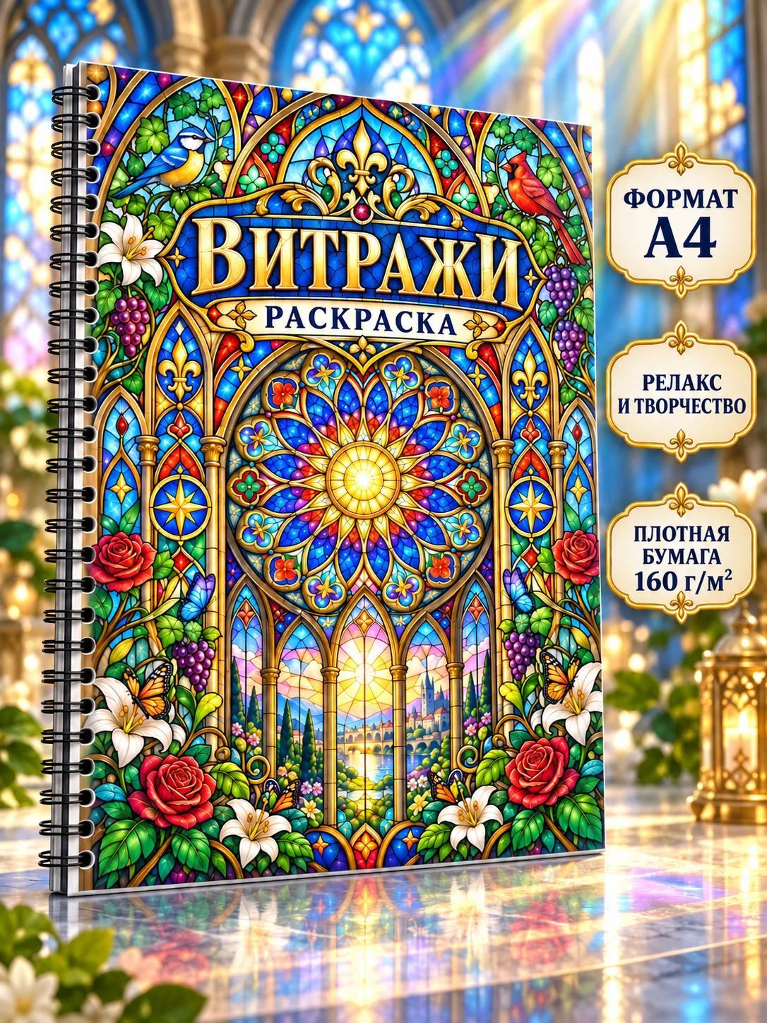 Раскраска - Витражи, 40 иллюстрации A4 Релакс Антистресс