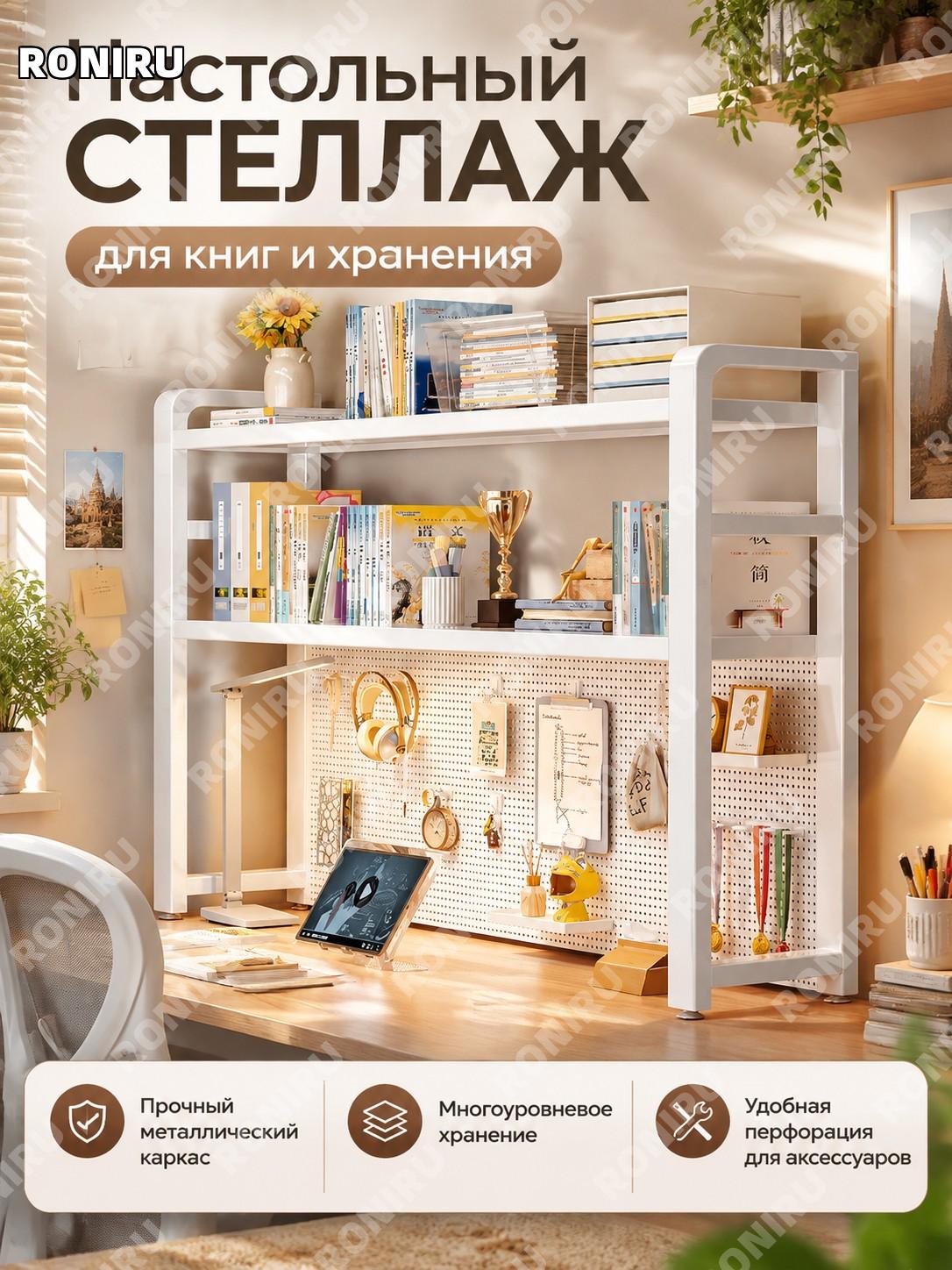 Настольный органайзер с перфорированной панелью двухъярусный 115 см белый с аксессуарами полка стеллаж для стола