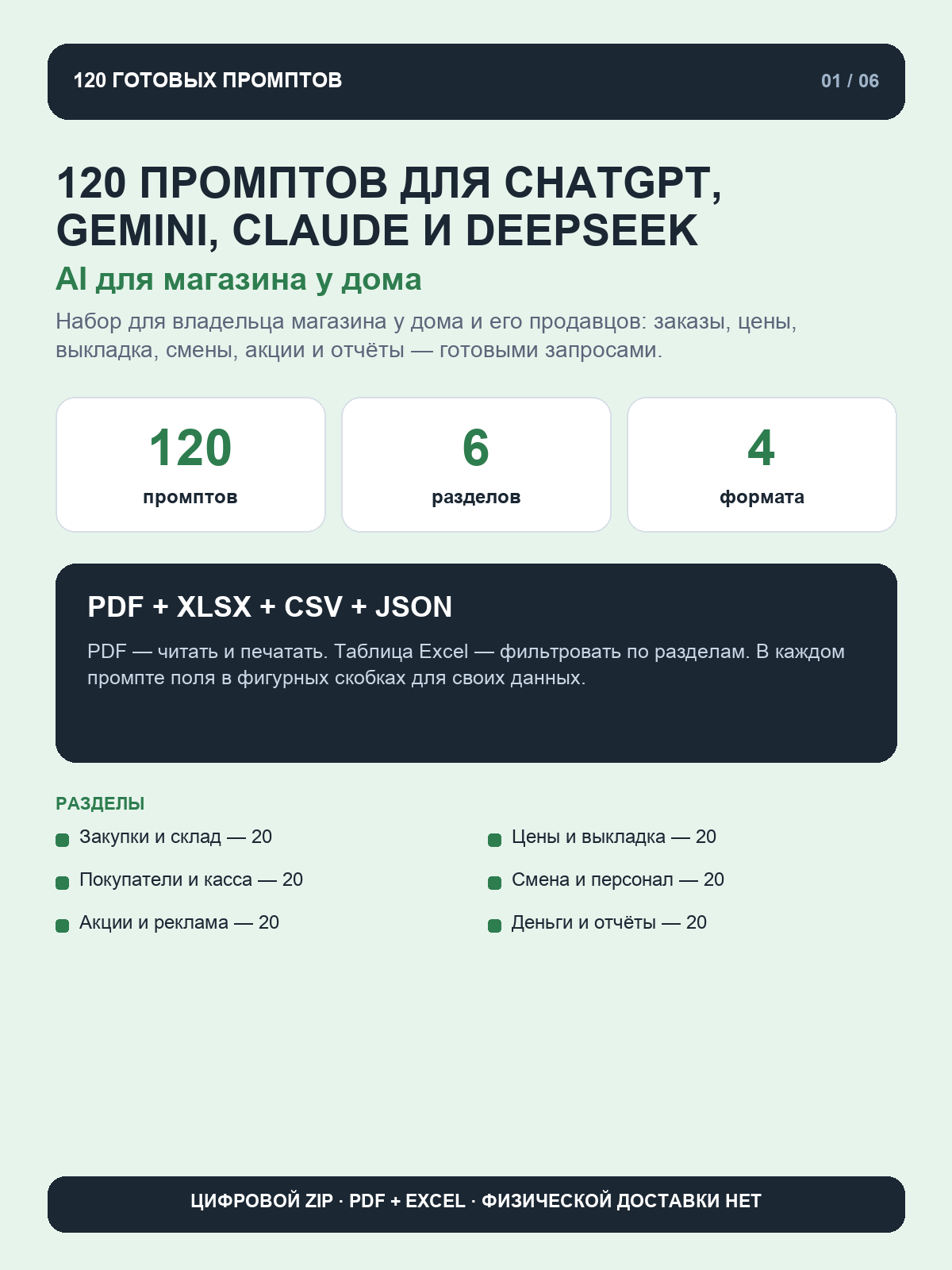 AI для магазина у дома: 120 промптов для ChatGPT, Gemini, Claude и DeepSeek, цифровой ZIP PDF и Excel