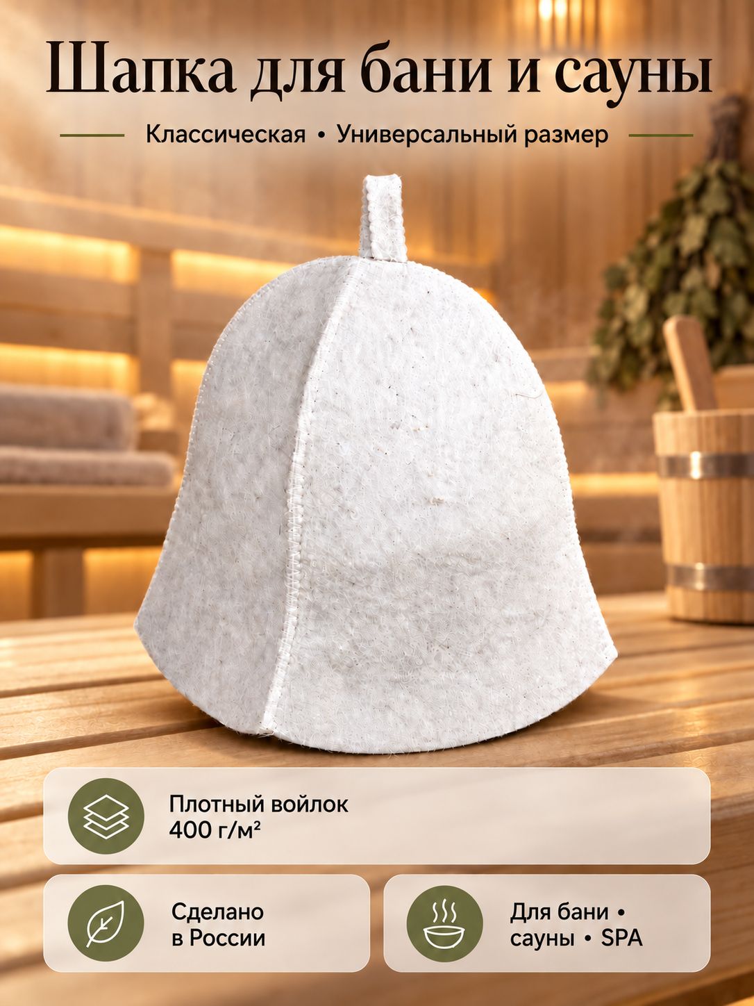 Шапка для бани и сауны войлочная, банная шапка белая, унисекс