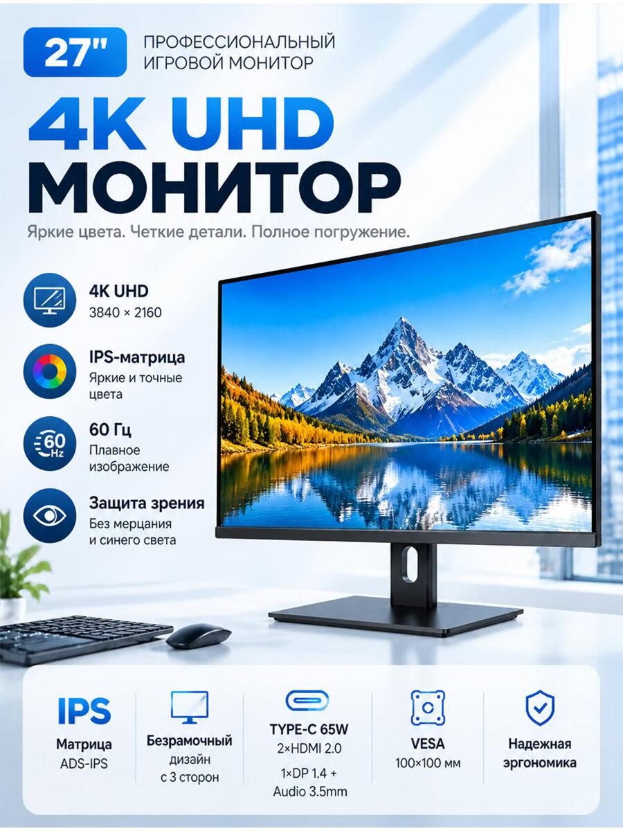 27" двухрежимный 4K UHD IPS монитор 60Hz Type-C 65W HDR FreeSync G-Sync HDMI DP VESA 99% sRGB 95% DCI-P3 5ms HDR400 LED