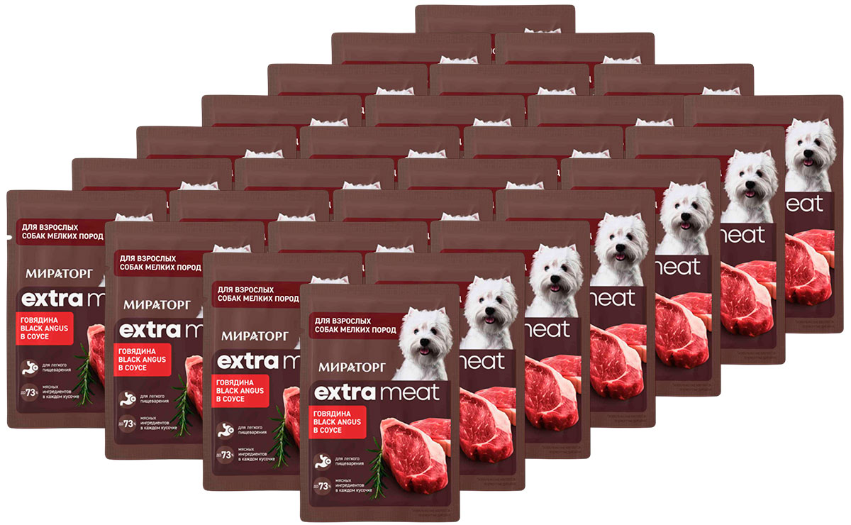 Корм влажный Мираторг Extra Meat для взрослых собак мелких пород, говядина Black Angus в соусе, 80 г 28 шт