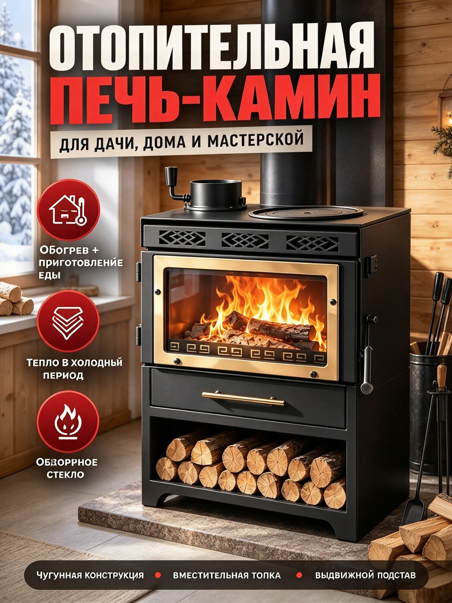 Отопительная печькамин на дровах, чугунная плита, обогрев и приготовление пищи для дачи, дома, мастерской, со стеклянной дверцей и отделением для дров