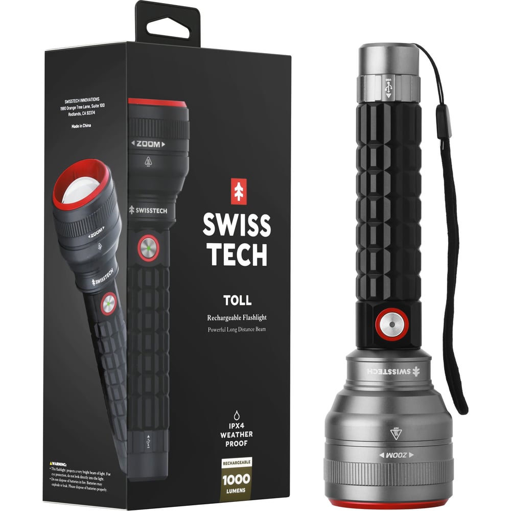 Фонарь светодиодный Swiss+Tech 4 режимный с индикацией заряда, ZOOM (1000LM, 1000м, акк. 21700, 4600mAH, 15 часов, зарядка USB-TYPE C, алюм. корп, IPX7) , ST031617