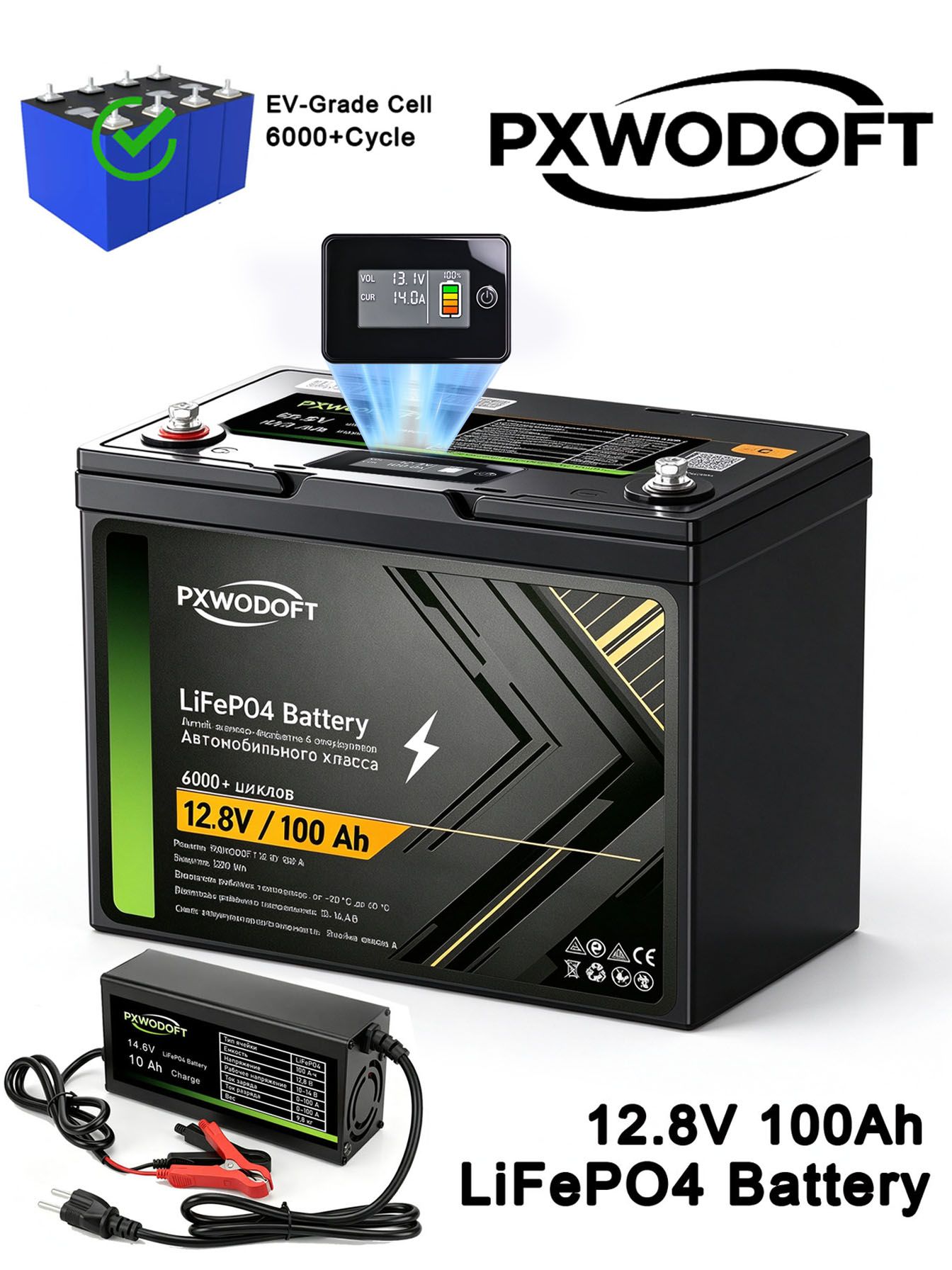 PXWODOFT Аккумулятор LiFePO4 12 В, 100 А ч со светодиодным индикатором, энергоемкость 1280 Вт ч (циклический режим), BMS 100 А