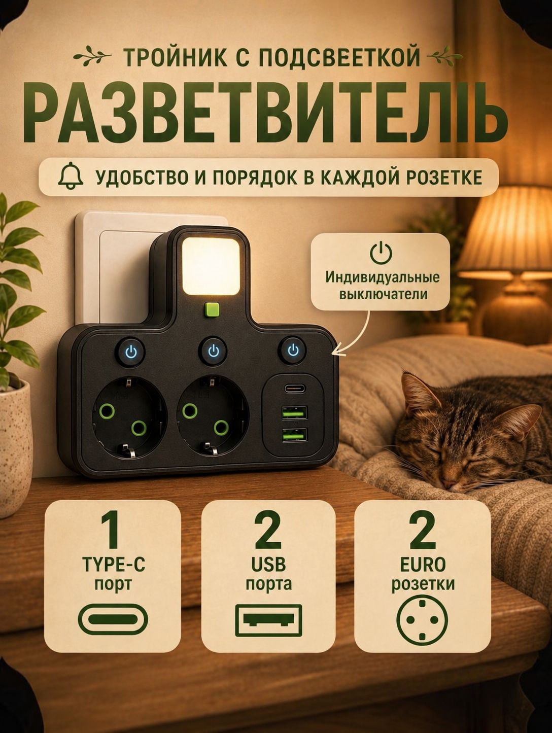 Тройник 2 розетки, с ночником, разветвитель, разъем Type-C и USB, с подсветкой, евро, черный