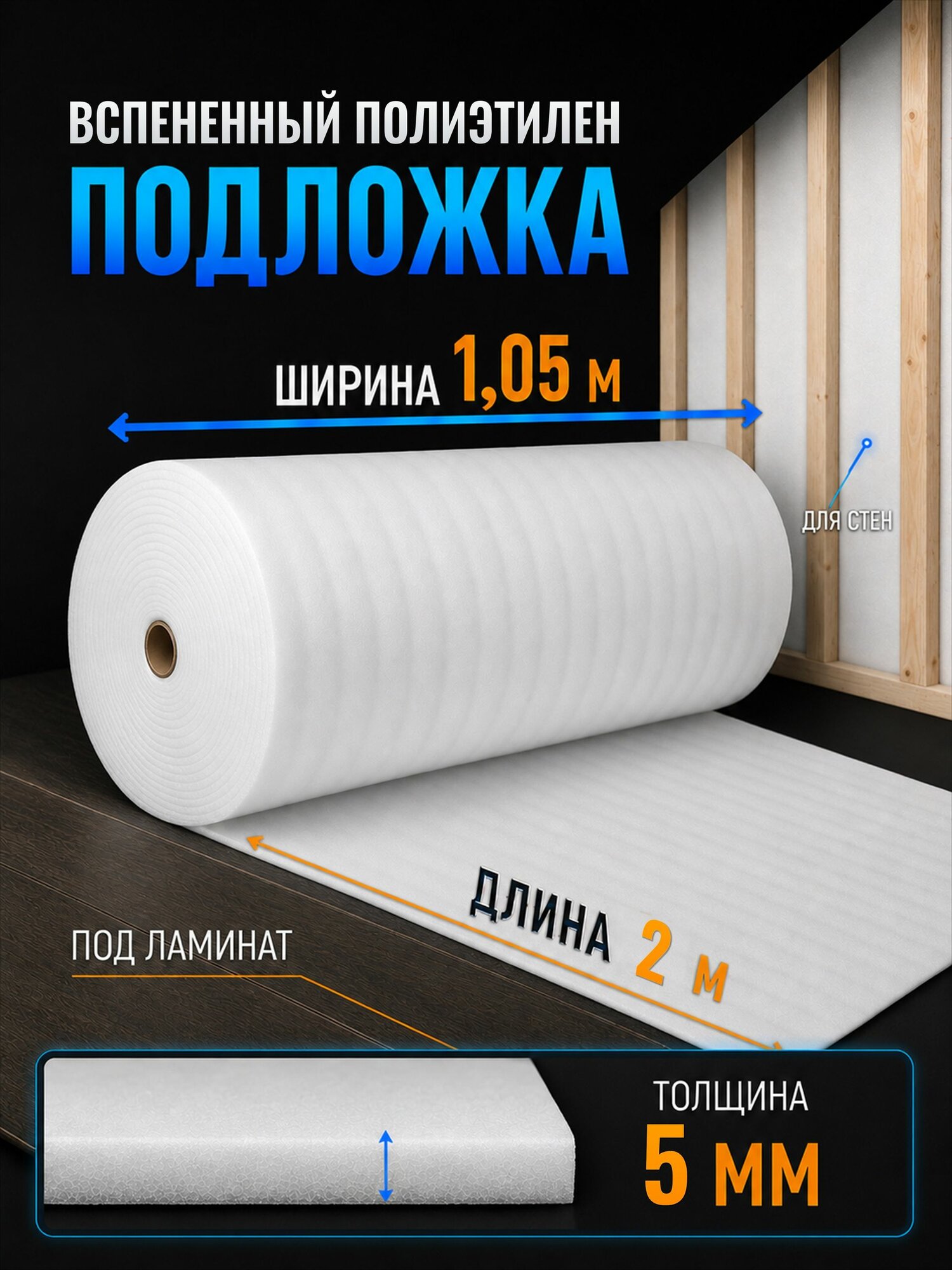 Подложка для пола/ вспененный полиэтилен/ теплоизоляция 5мм, 2м Schatz Haus