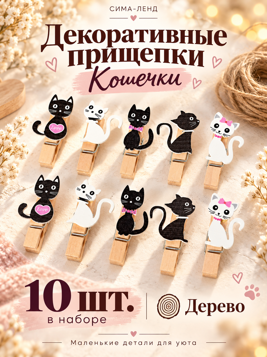 Набор декоративных прищепок "Кошечки" набор 10 шт, дерево, Сима-ленд