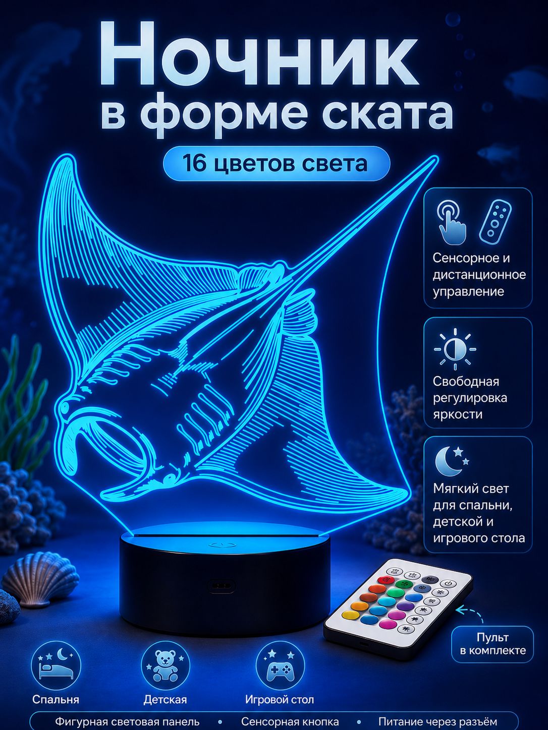 Ночник "скат" подарок, USB