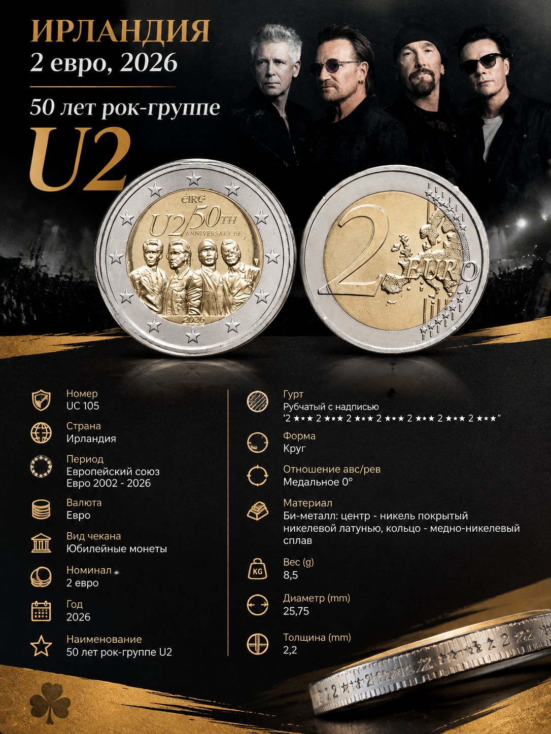 Ирландия 2 евро, 2026 50 лет рок-группе U2 UNC