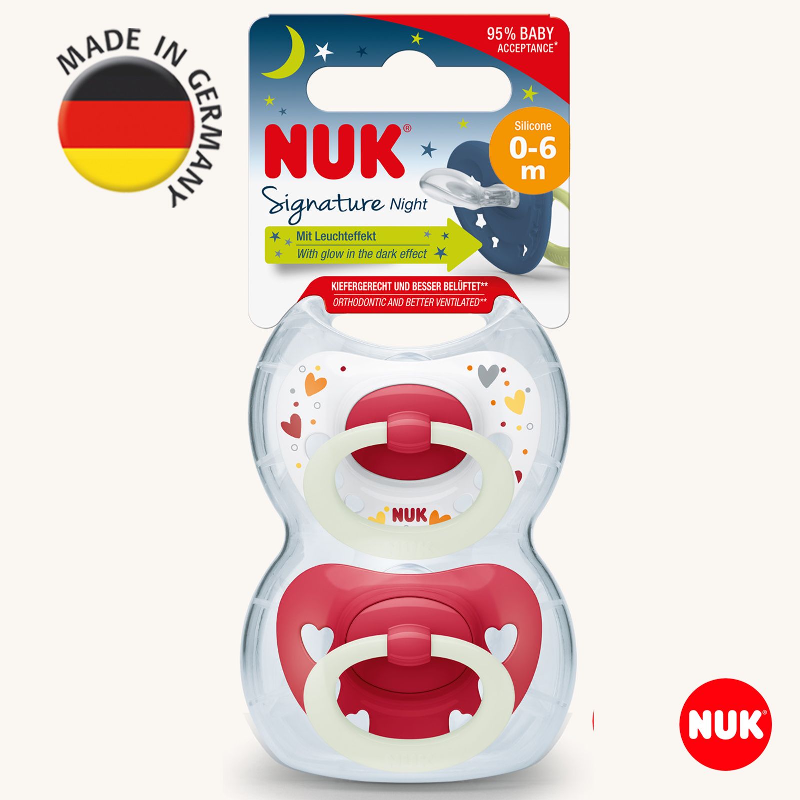 NUK SIGNATURE NIGHT Соска пустышка ортодонтическая силиконовая, разм. 1 (для детей с 0 мес.), 2 шт. в контейнере, бордовое сердце
