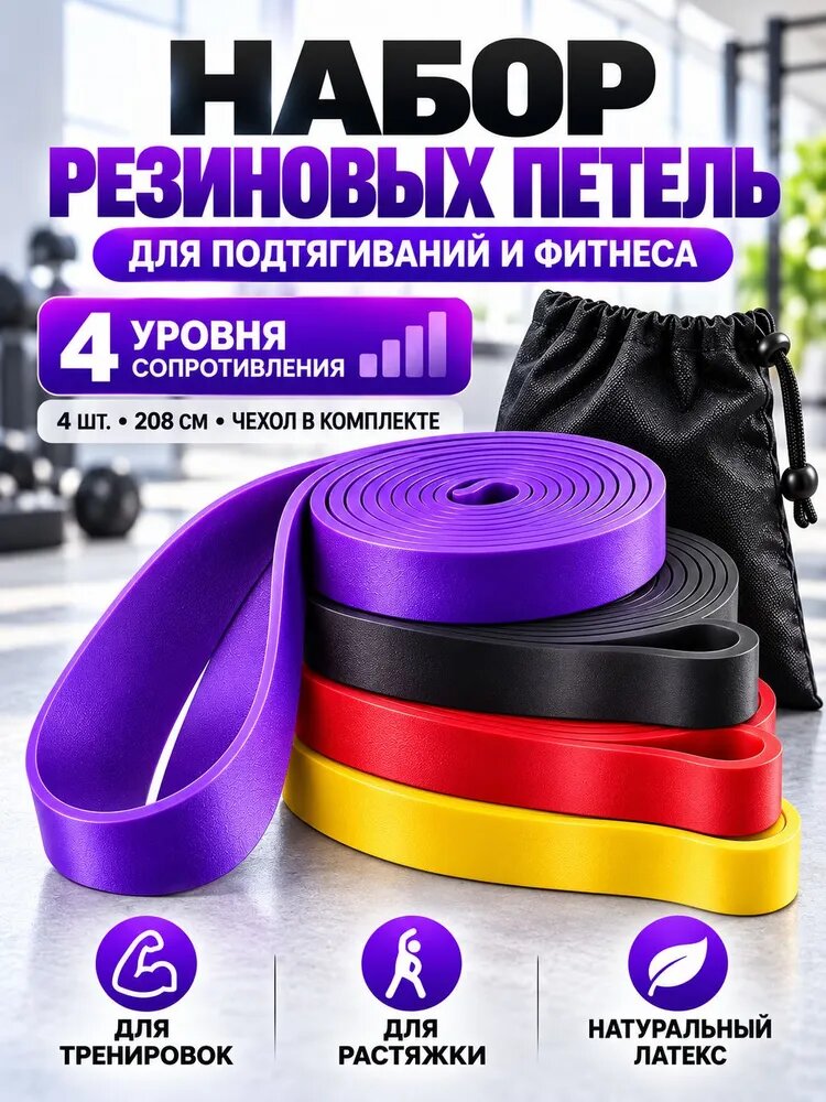 Набор резиновых петель для подтягиваний и фитнеса, 4 шт, 208 см, 4 уровня сопротивления, с чехлом
