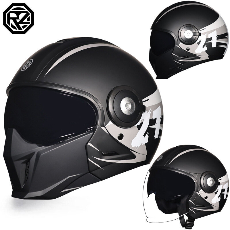 Мотоциклетный полушлем Orz Retro Helmet Winter Black Warrior Combination Helmet для мужчин и женщин, черный круизер 653S
