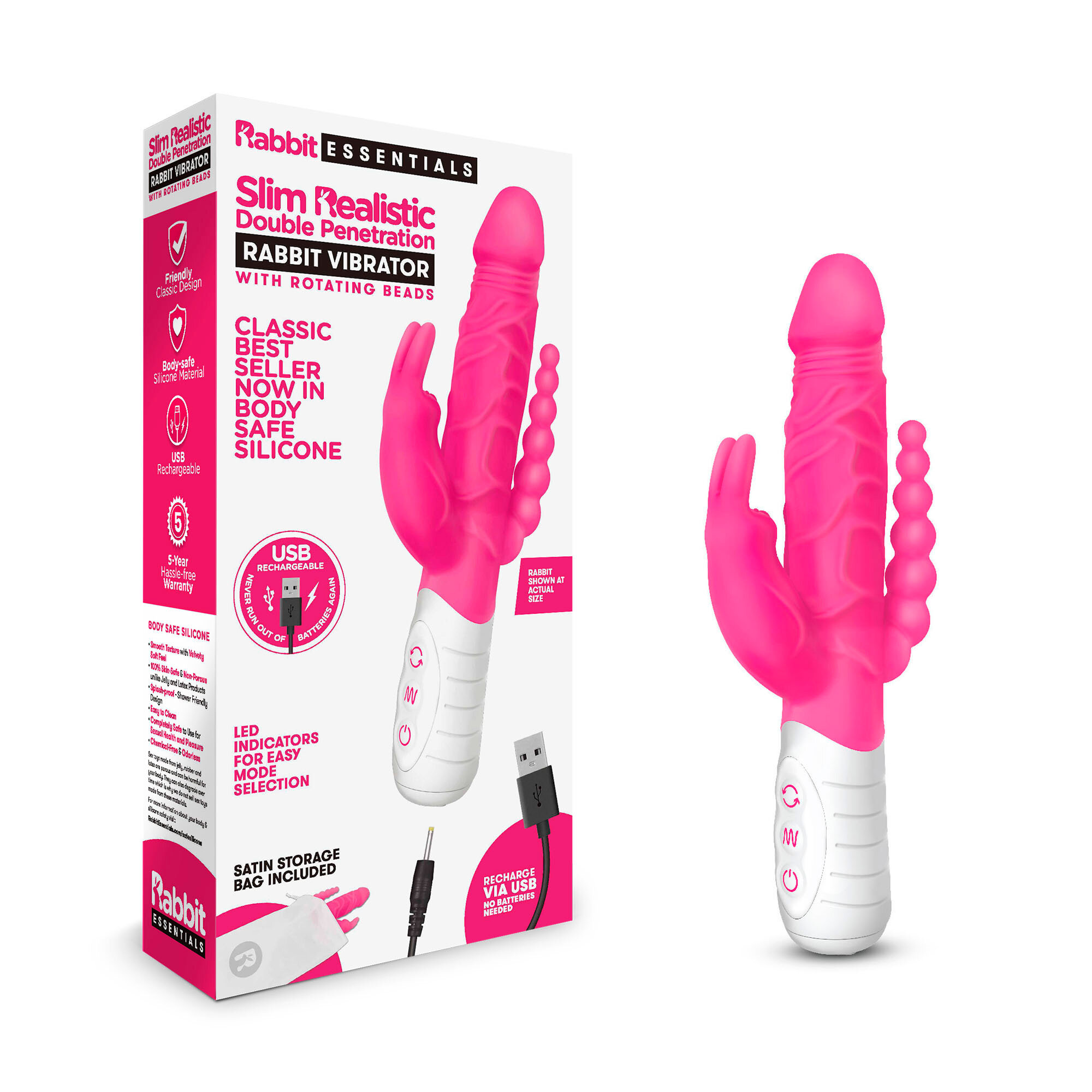Вибратор Slim Double Penetration Rabbit, розовый