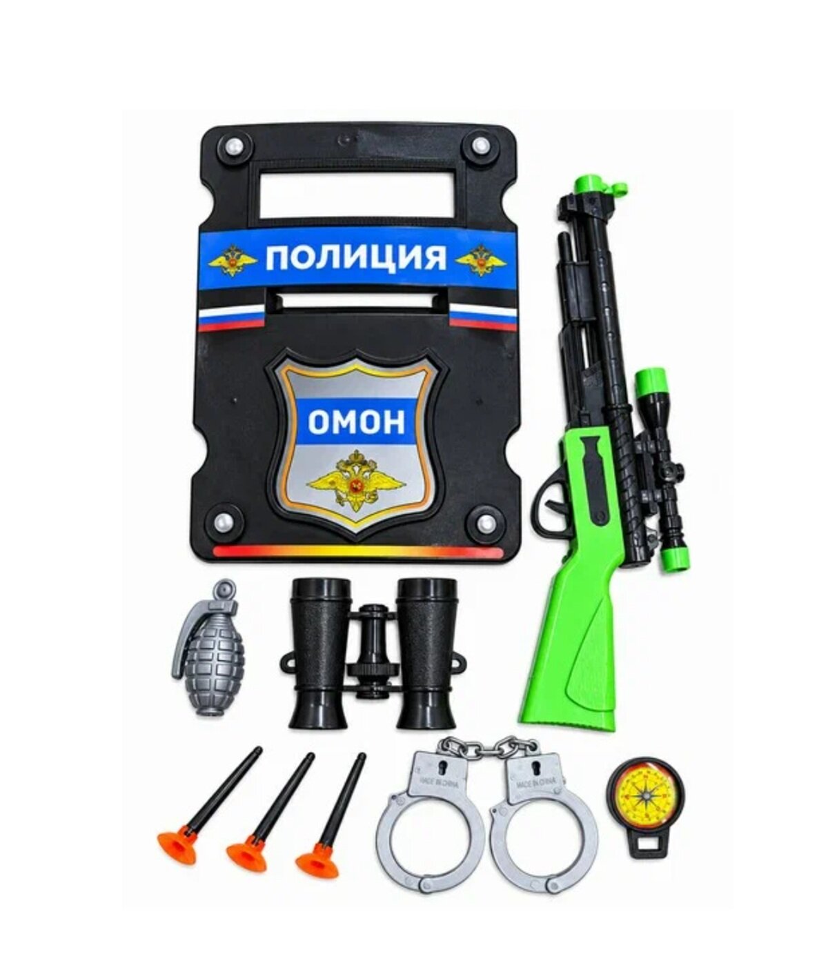 Игровой набор "Полиция", оружие, 3 патрона, наручники, щит, бинокль, граната, в коробке 38*4*58 см