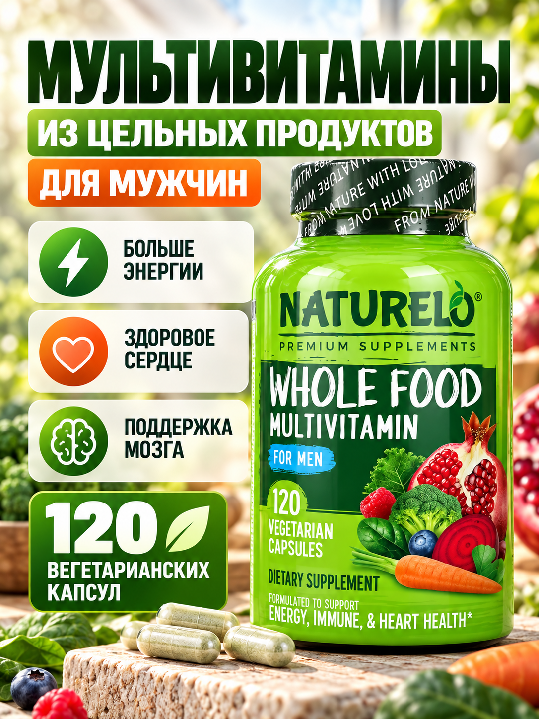 Мультивитамины из цельных продуктов для мужчин, 120 вегетарианских капсул NATURELO