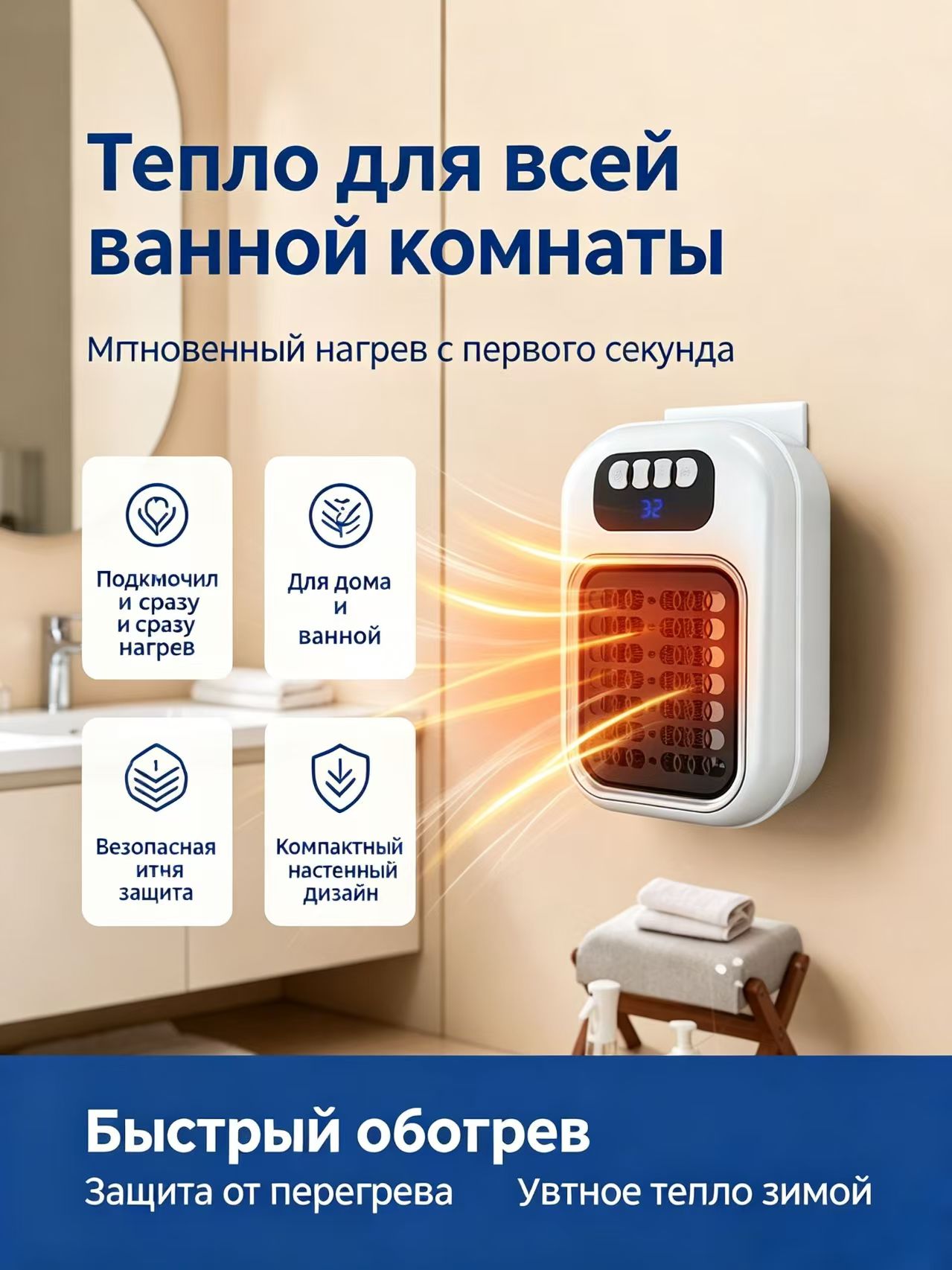Настенный обогреватель электрический малогабаритный, с пультом дистанционного управления, LED-подсветка белый