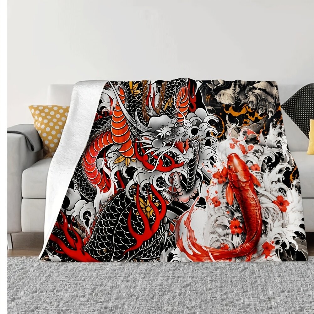 Плед-покрывало из фланели с татуировкой тигра, дракона и карпа кои, 1 шт, 40×30 дюймов, сверхмягкий уютный теплый многоцветный восточный, для дивана, автомобиля, общежития и офиса
