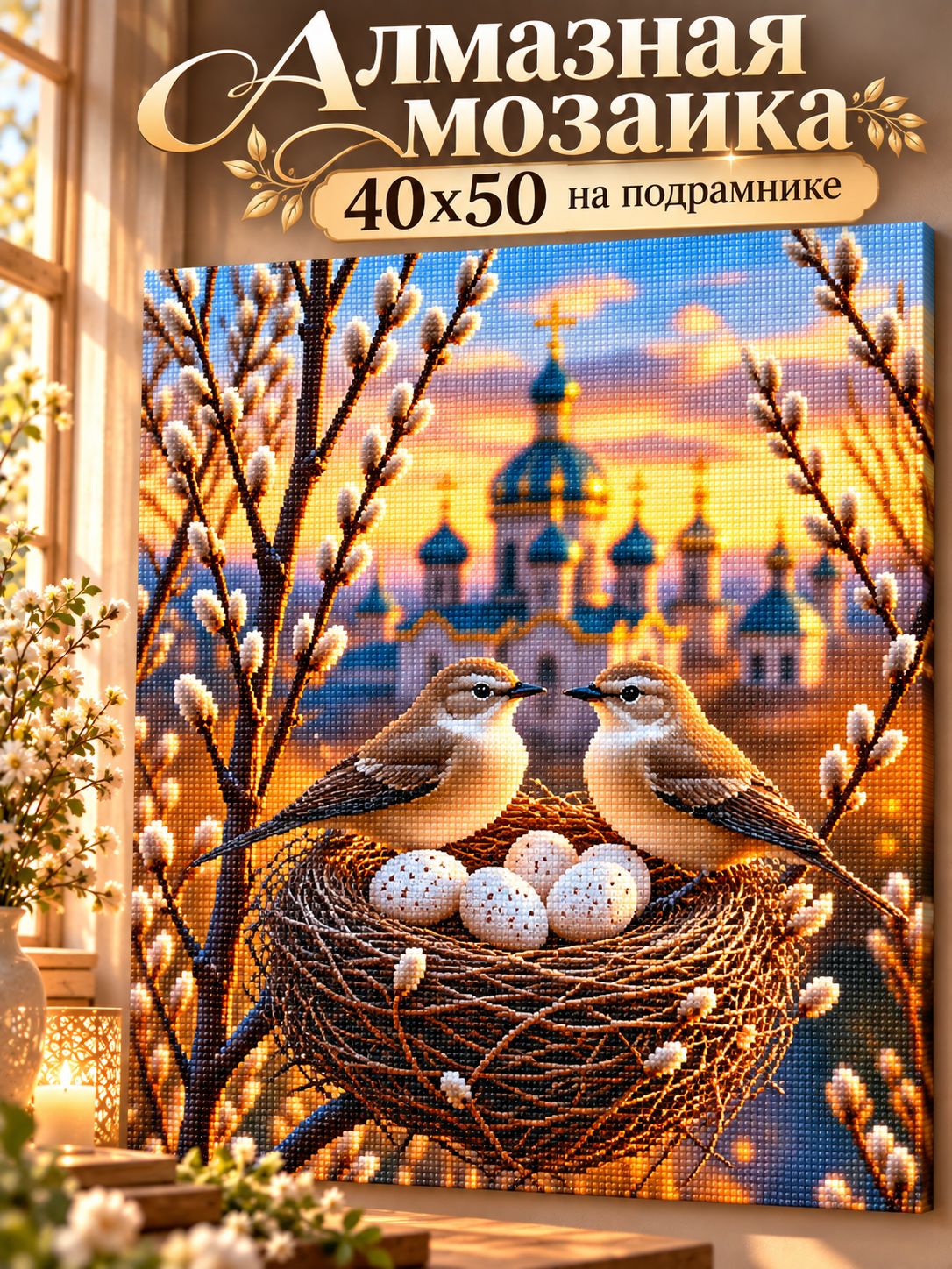 Алмазная мозаика на подрамнике Гнездо весной 40х50