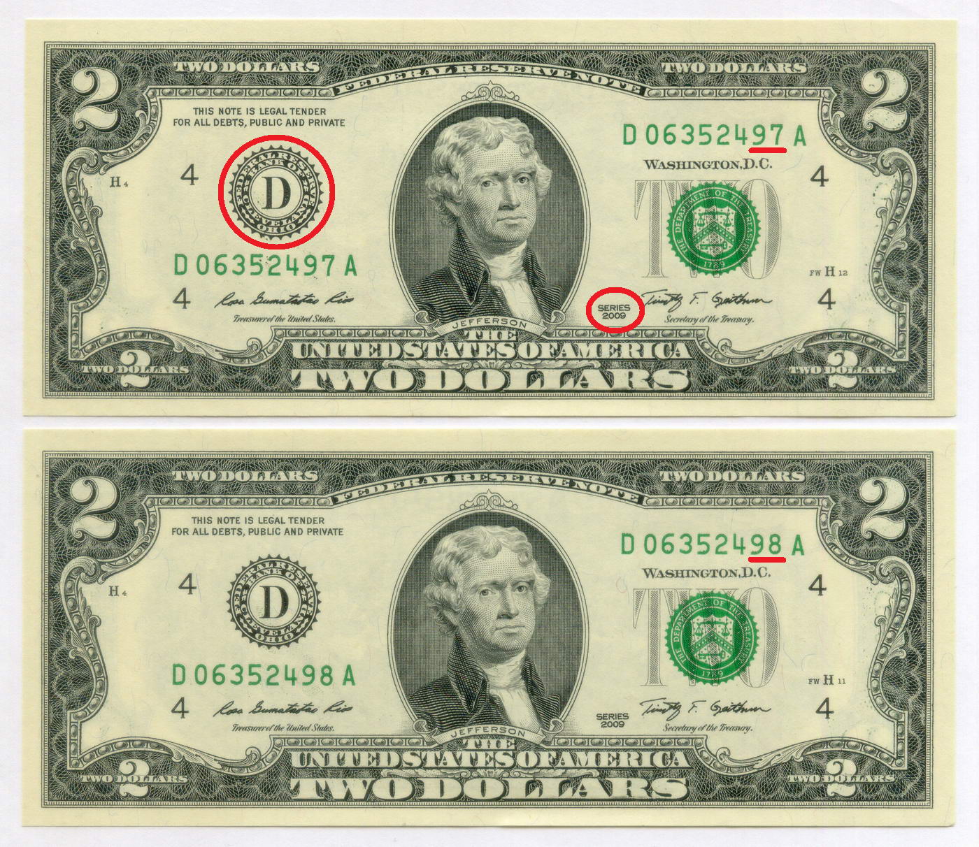 Банкноты США 2 доллара 2009 D0635249хA (Кливленд). UNC из пачки. 2 шт, номера подряд