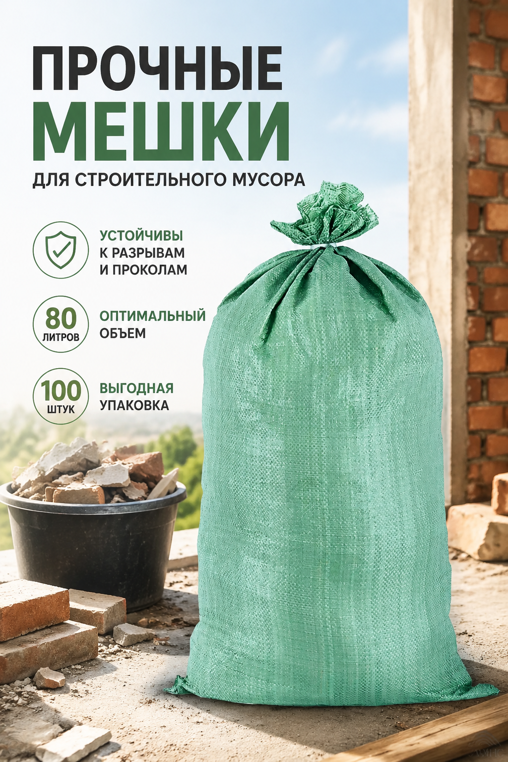 Мешки полипропиленовые для строительного мусора, 80 л, зеленые, 100 шт.