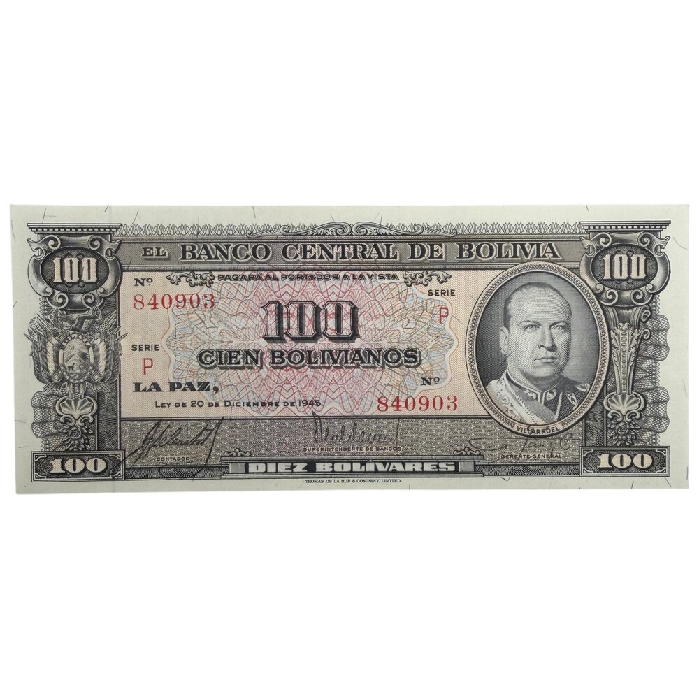 Боливия 100 боливиано (10 боливаров) 1945 г. (1955 г) (Подпись Castillo, Arce, Cronenbold) (Серия P)