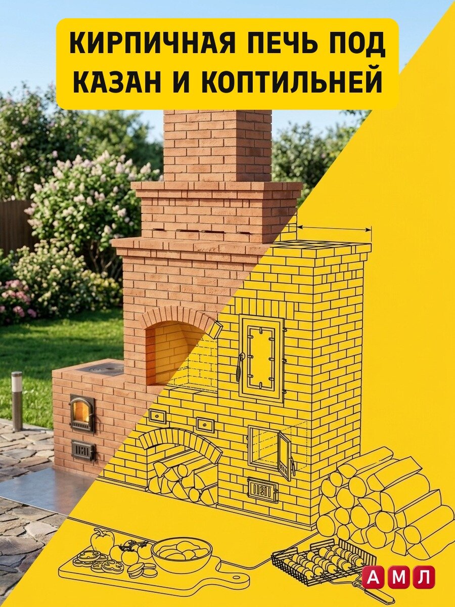 Проект чертеж Кирпичная печь под казан и коптильней построить своими руками - скачать и распечатать чертежи с размерами, пошаговая и поэтапная схема сборки - постер, деталировка, раскрой, узлы и пошаговая схема сборки, скачать и распечатать 3D