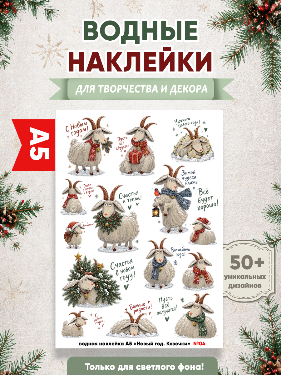 Водные наклейки для творчества и декора "Новый год козочки" №4 А5