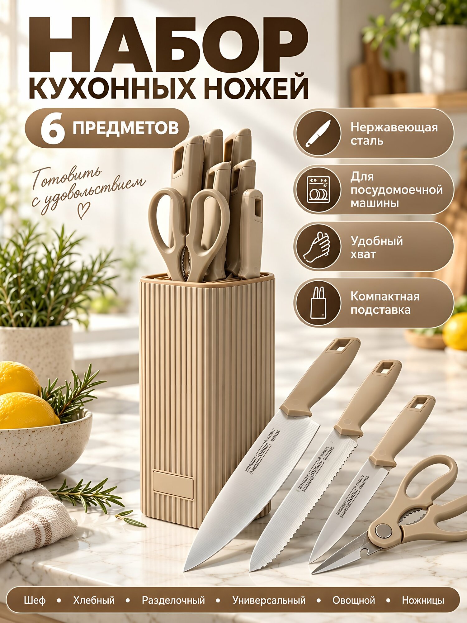 Набор кухонных ножей 6 предметов с подставкой, нержавеющая сталь, мокко Y4-14214