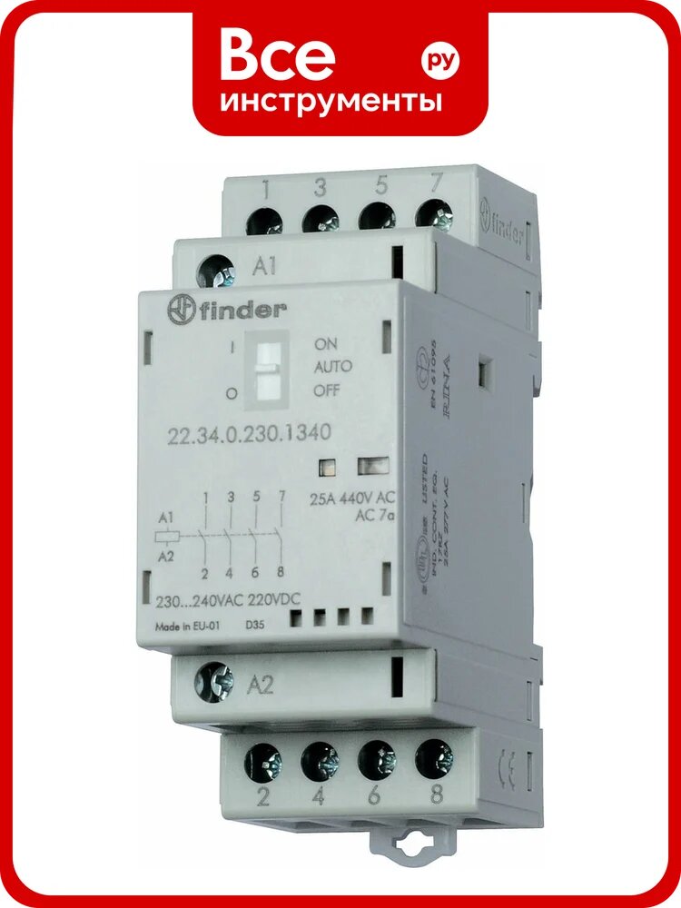 Модульный контактор Finder 2НО+2НЗ; контакта 25А, 230В AC/DC; AgSnO2 223402304620