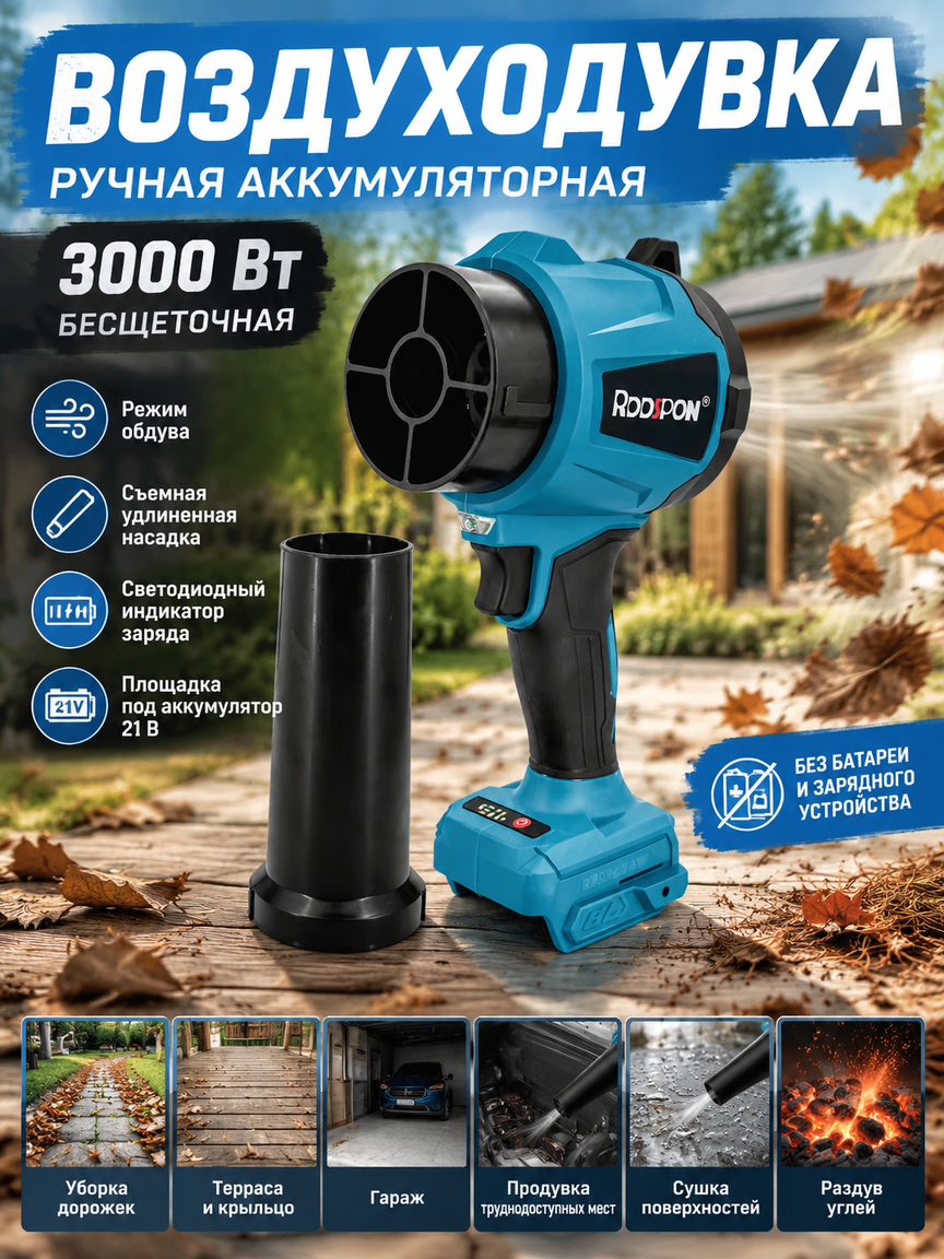 Ручная аккумуляторная воздуходувка 3000 Вт, бесщеточная, с насадкой, без батареи и зарядки