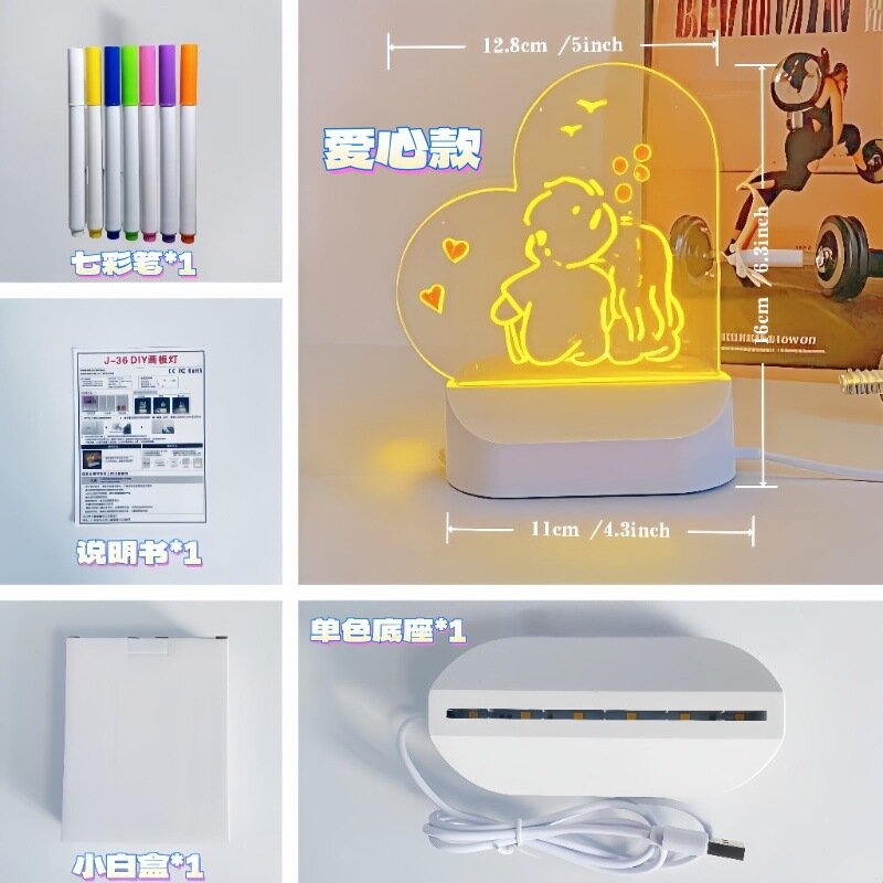 DIY стираемая доска для рисования с LED подсветкой, USB питанием, монохромным теплым светом и 7 цветными ручками —