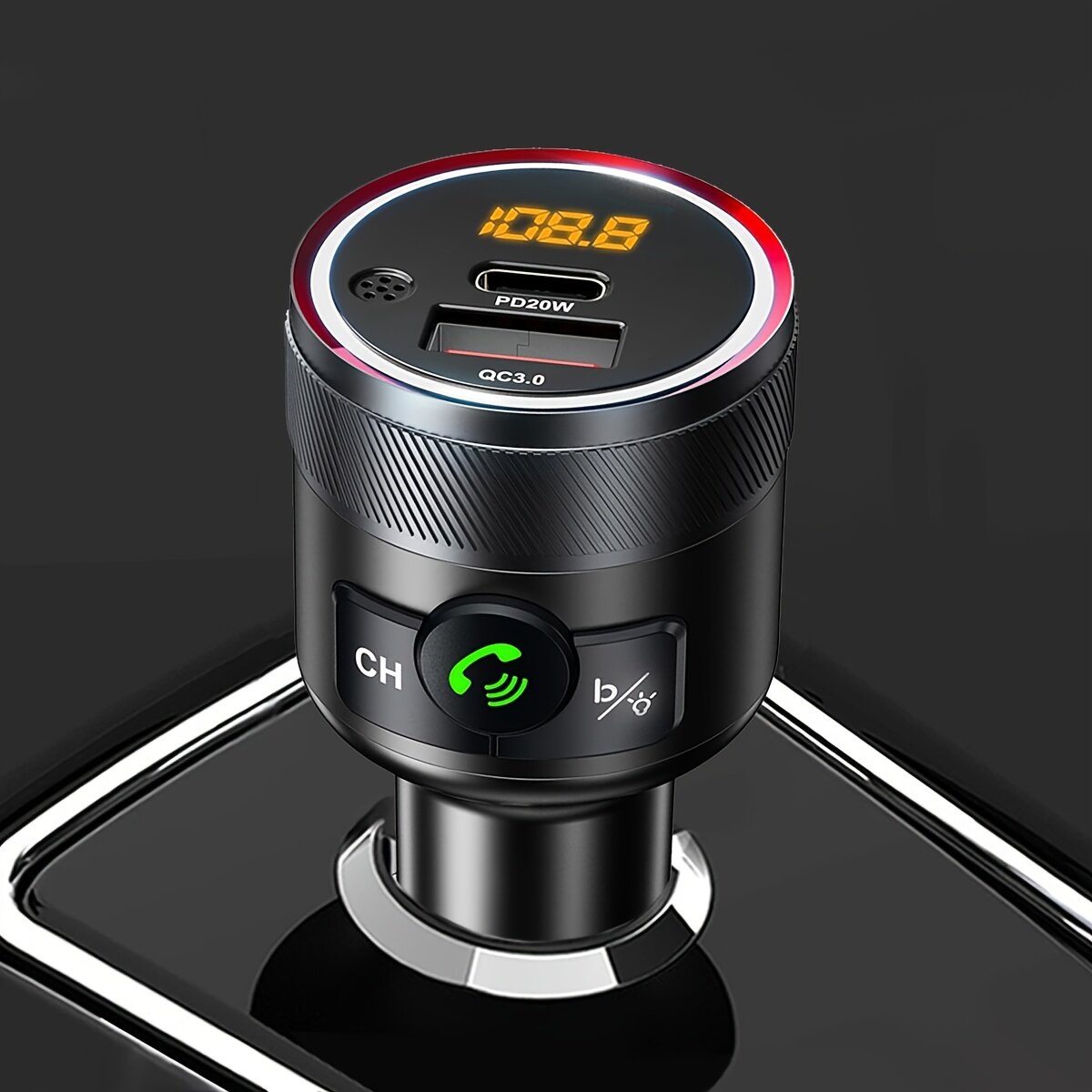 Автомобильный FM-трансмиттер с функцией handsfree и MP3-плеером, двойной USB-зарядный адаптор с быстрой зарядкой QC3.0 и PD 20W, Hi-Fi стереозвук с глубоким басом, без аккумулятора, черный