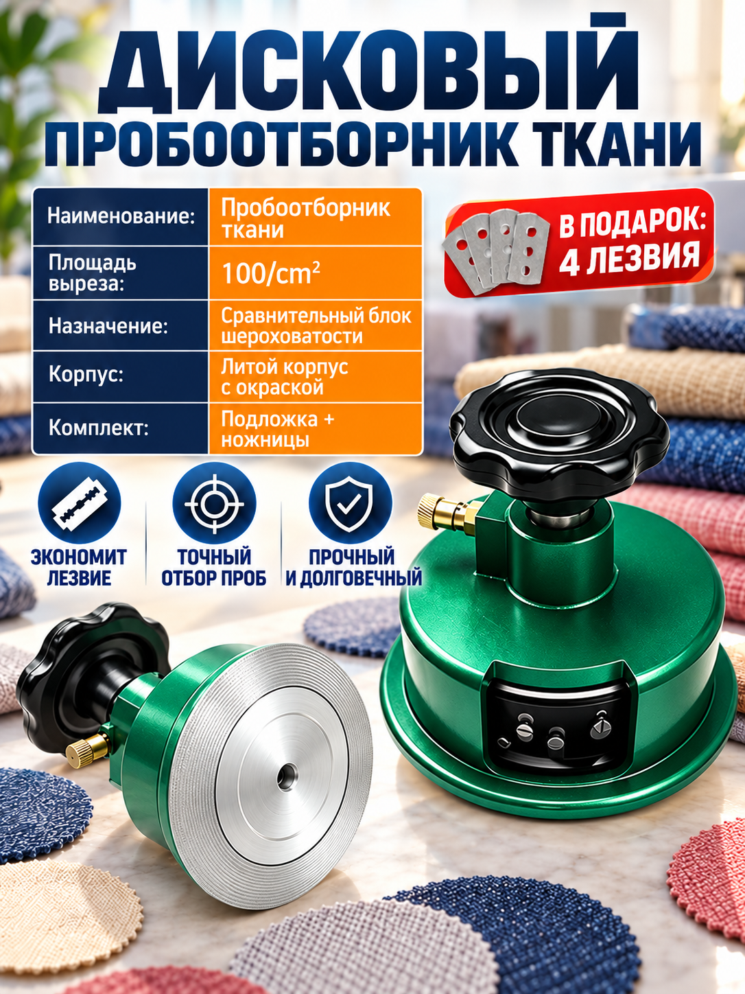 Дисковый пробоотборник для ткани, круглый резак 100 см², прибор для взятия проб текстиля, для определения поверхностной плотности материала