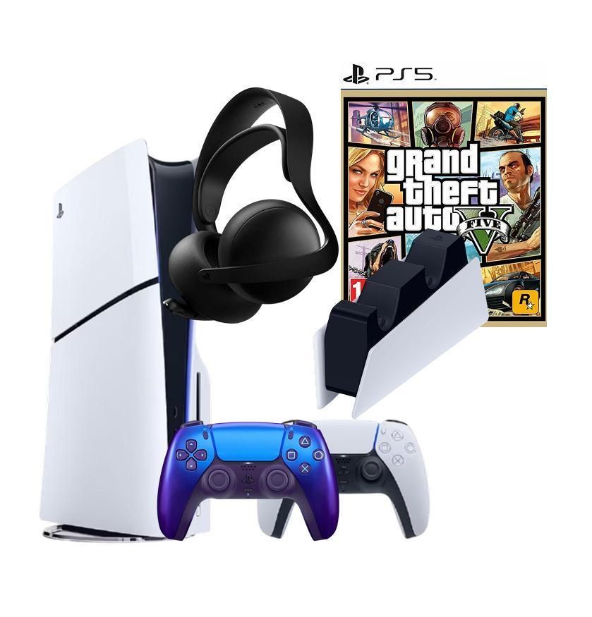 Игровая приставка Sony PlayStation 5 Slim Disk + 2й геймпад индиго + игра GTA + станция зарядки + гарнитура PULSE Elite черный