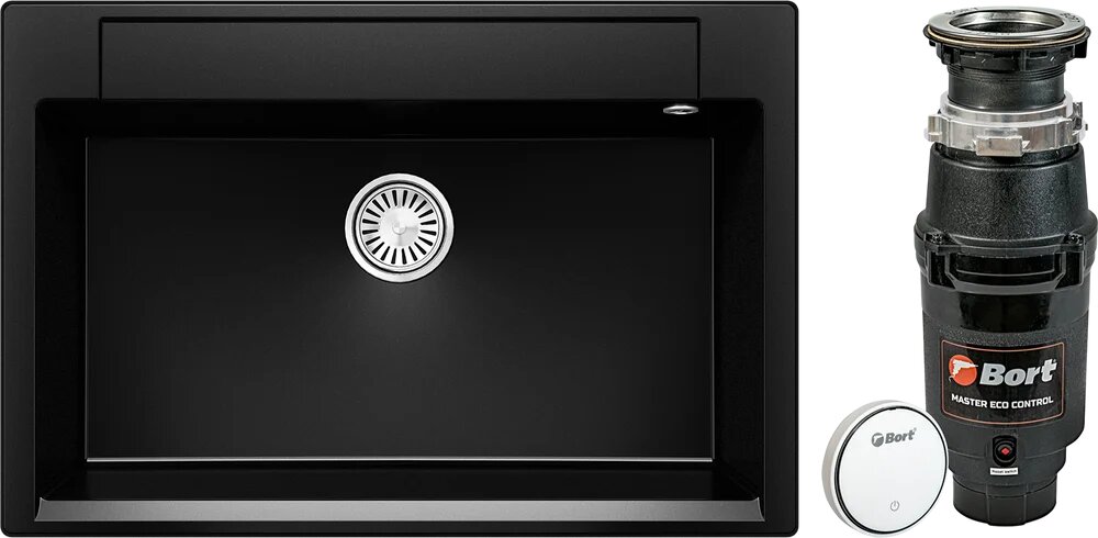 Комплект Мойка Polygran Argo 760 76x51, космос, искусственный мрамор / Измельчитель Bort Master Eco Control электрический, нержавеющая сталь
