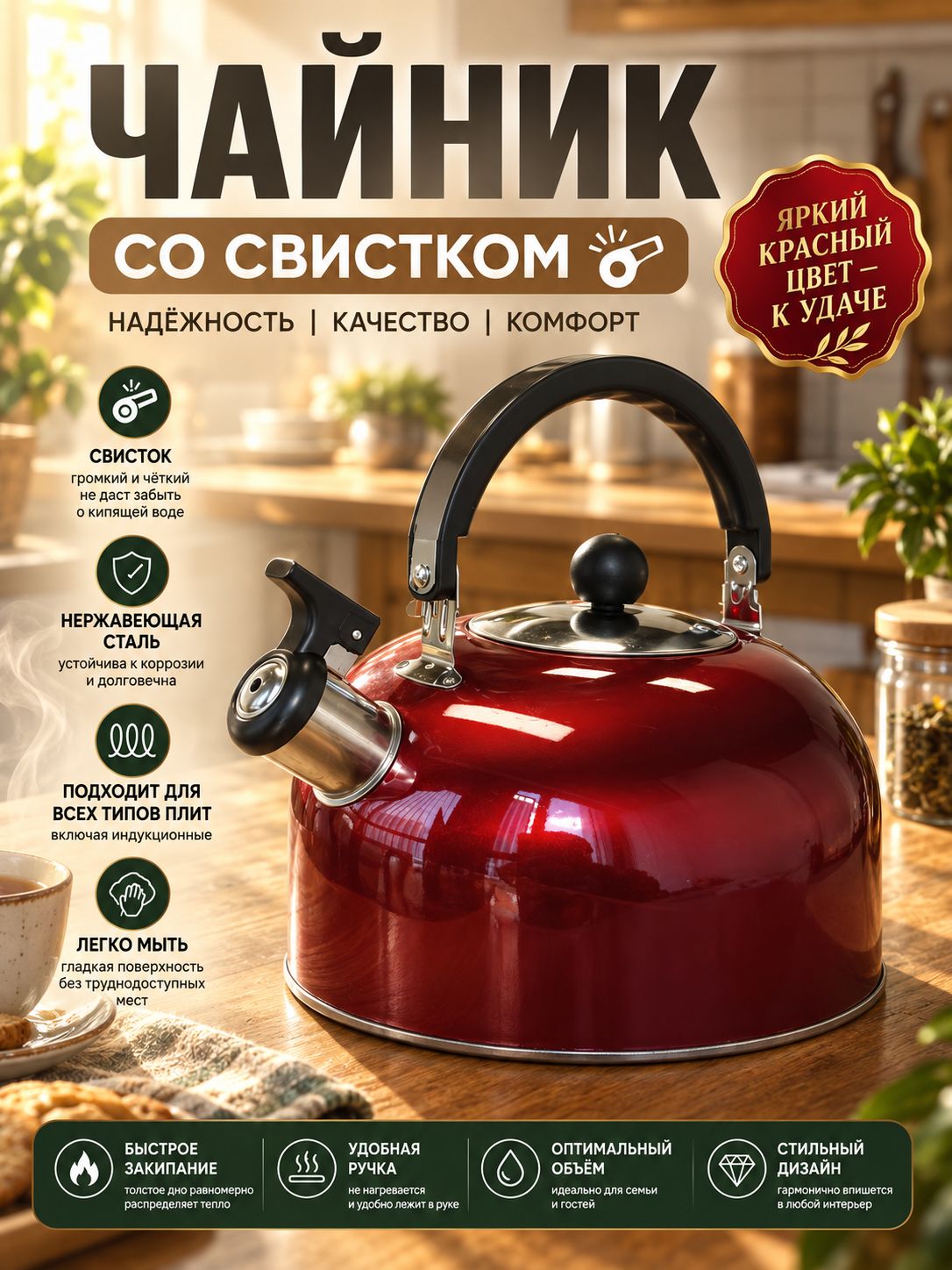 Чайник крышка 3 л крышка в комплекте, чайник-термос нержавеющая сталь красный